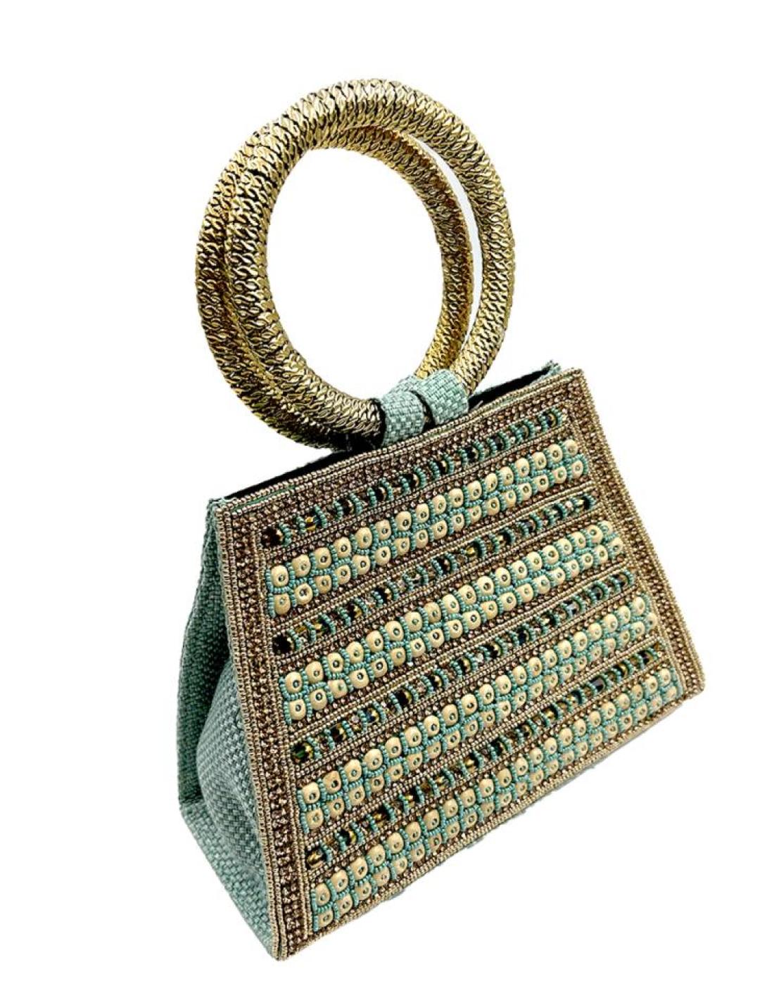 Bolsos mujer verdes agua con pedreria unica y asas de mano | Moda invitadas