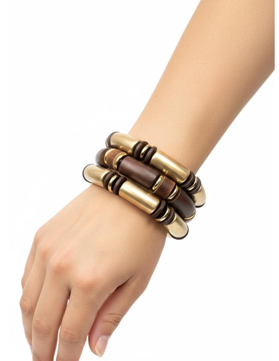 Pulseras doradas y marrones de madera | Moda mujer elegante y natural